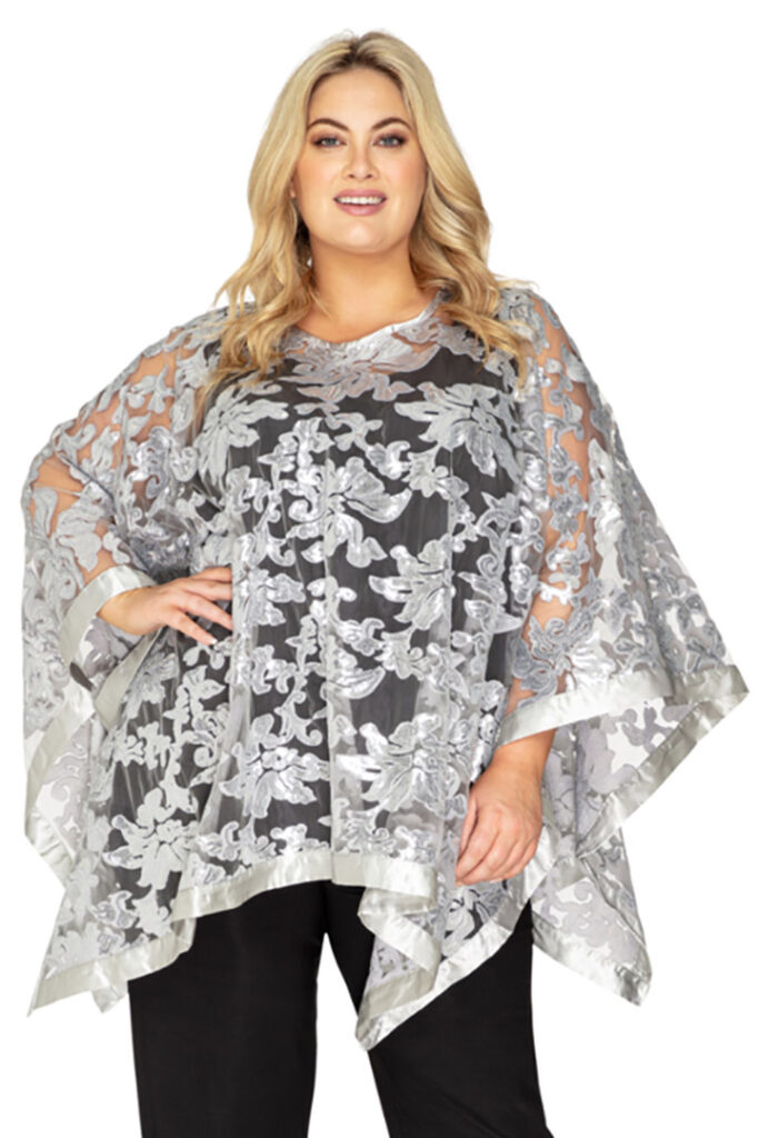 Ella Patterned Sequin Poncho with Satin Trim - Sapphire Butterfly